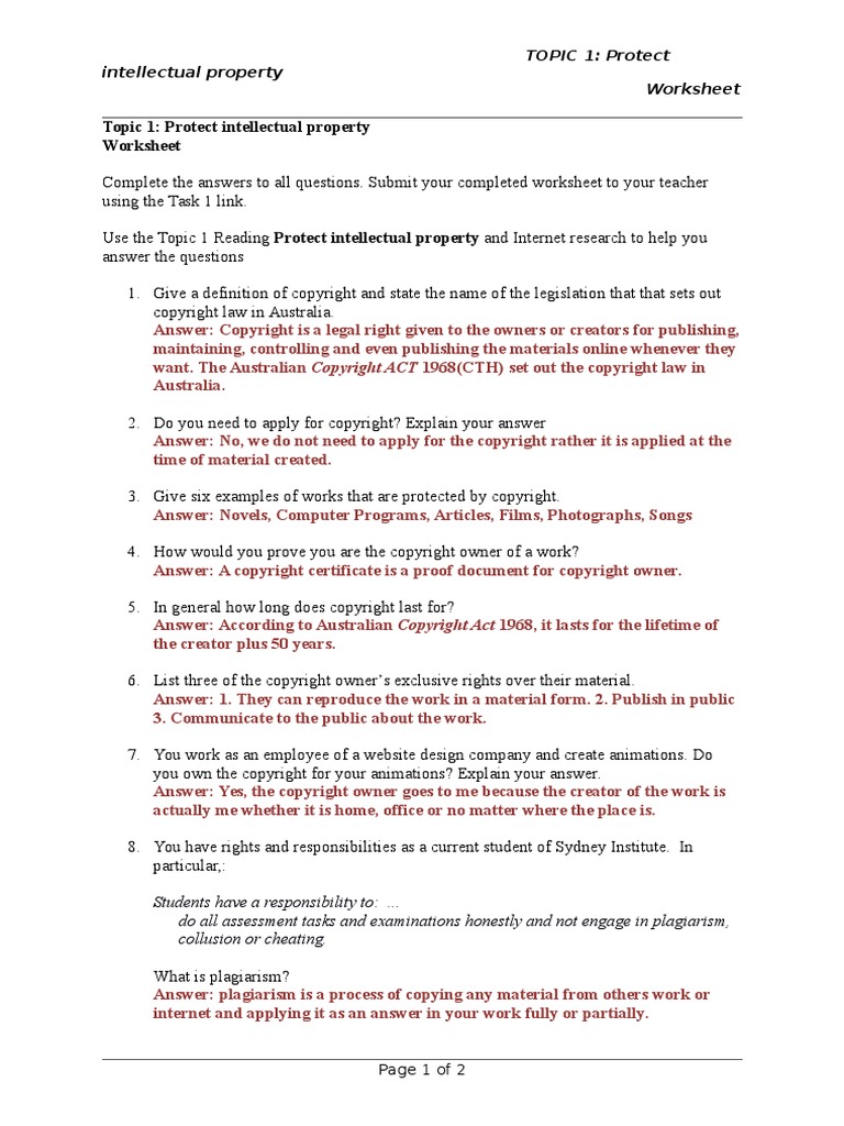 TOPIC 1: Protect Intellectual Property Worksheet | PDF | Copyright ...