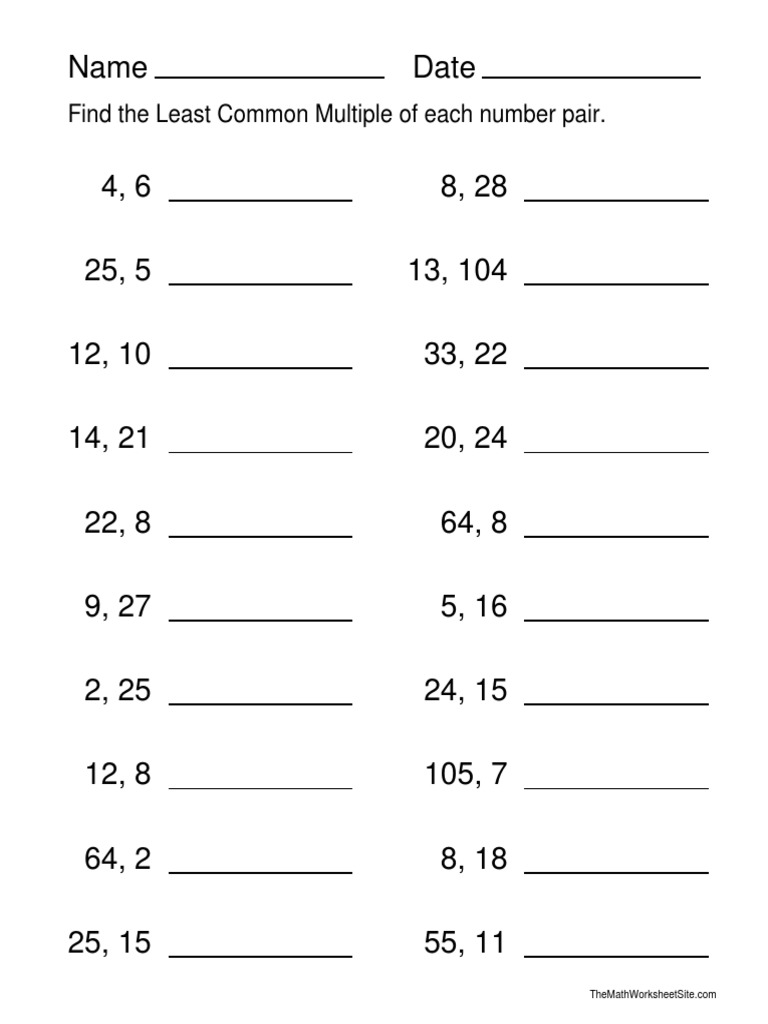 Least Common Multiple Worksheet | PDF