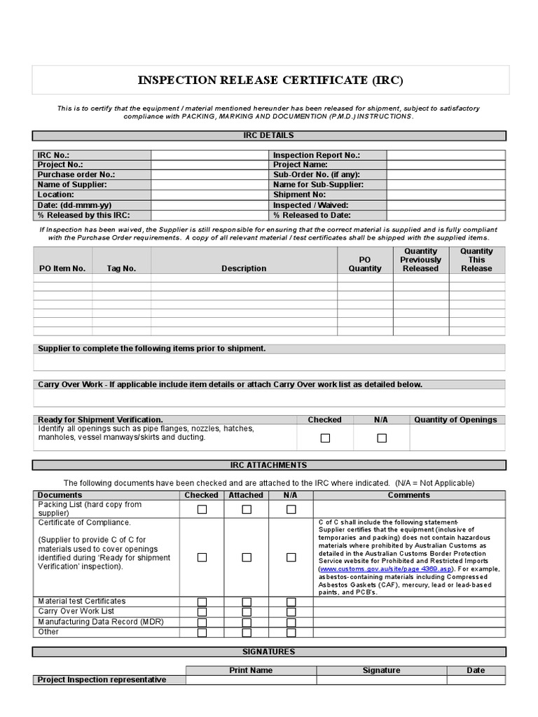 Certificate Of Inspection Template