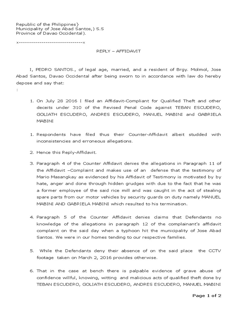 Affidavit (Reply) Pedro Santos | PDF | Affidavit | Legal Procedure
