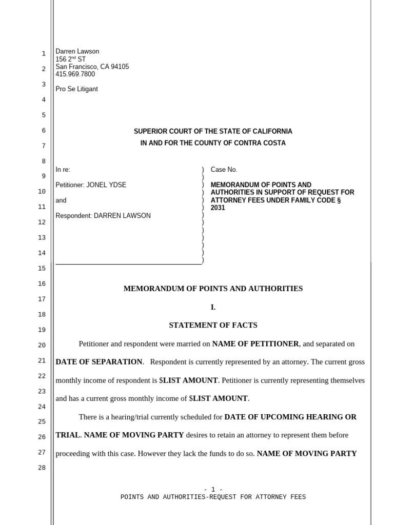 Motion For Attorney Fees Pursuant To Section 2031 | PDF | Pro Se Legal ...
