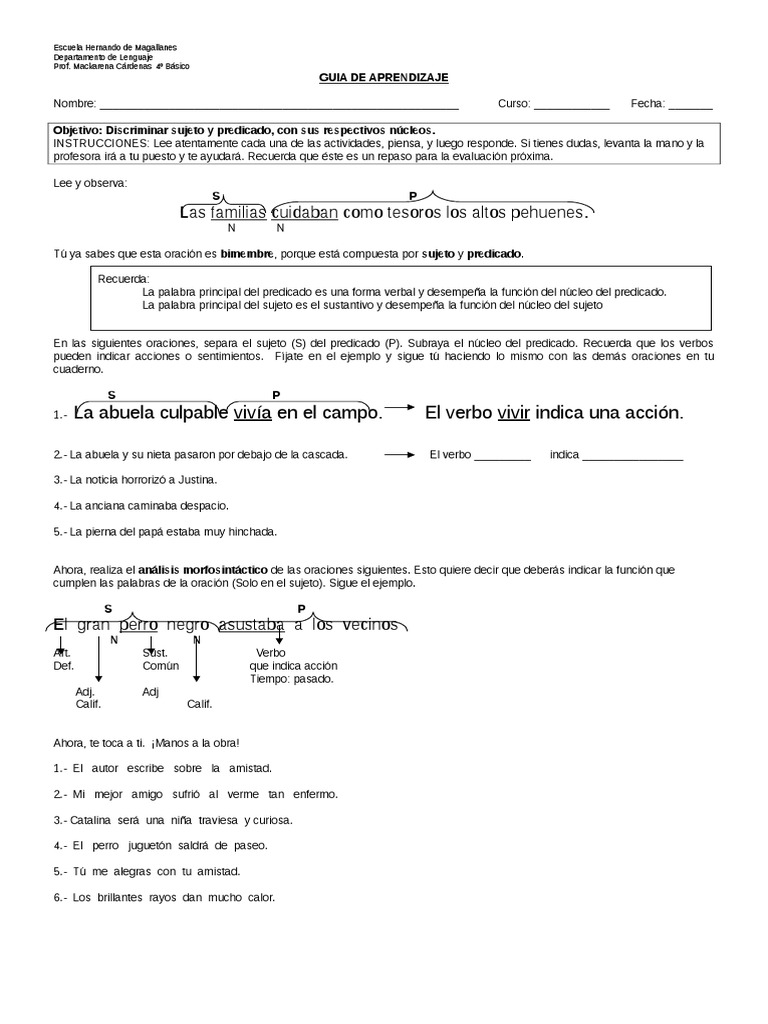Guía de Aprendizaje: Sujeto y Predicado | PDF | Predicado (Gramática ...