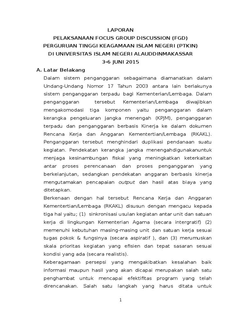 Laporan Pelaksanaan FGD PTKIN 2015 | PDF | Bisnis
