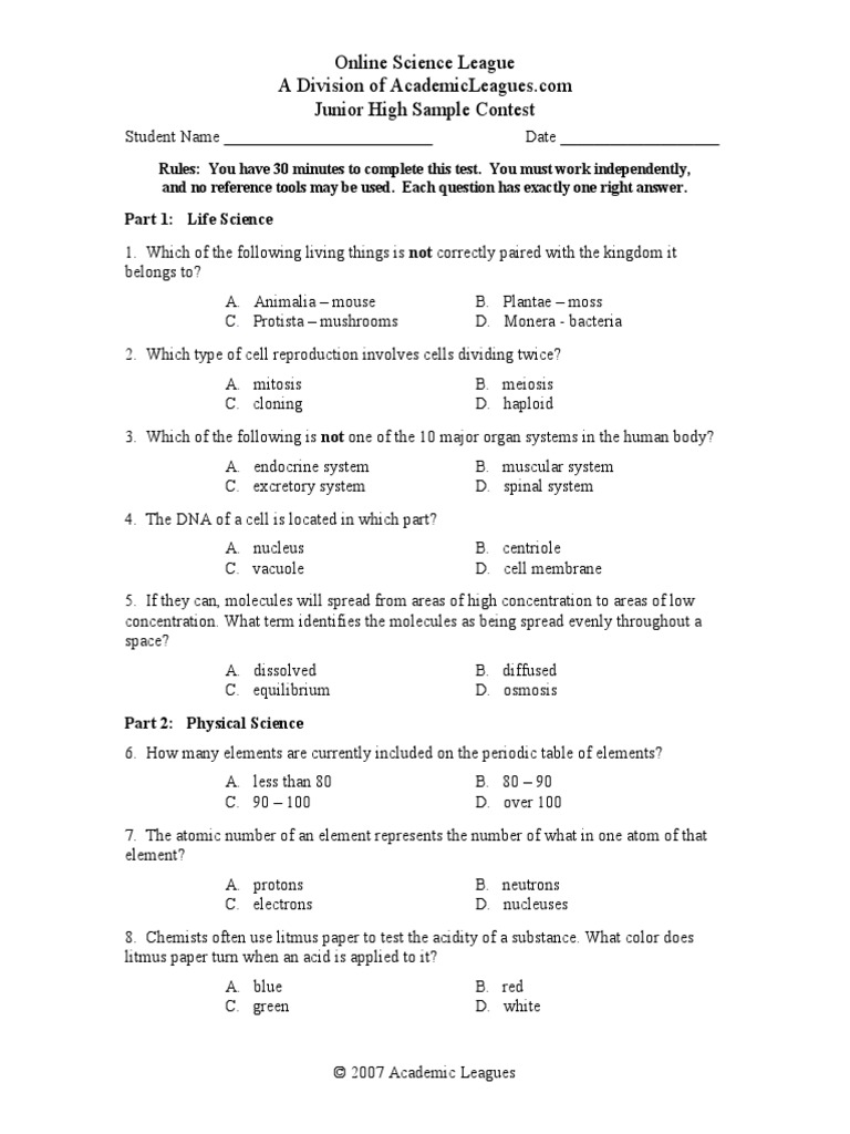 Online Science League Junior High Sample Contest | PDF | Cell (Biology ...