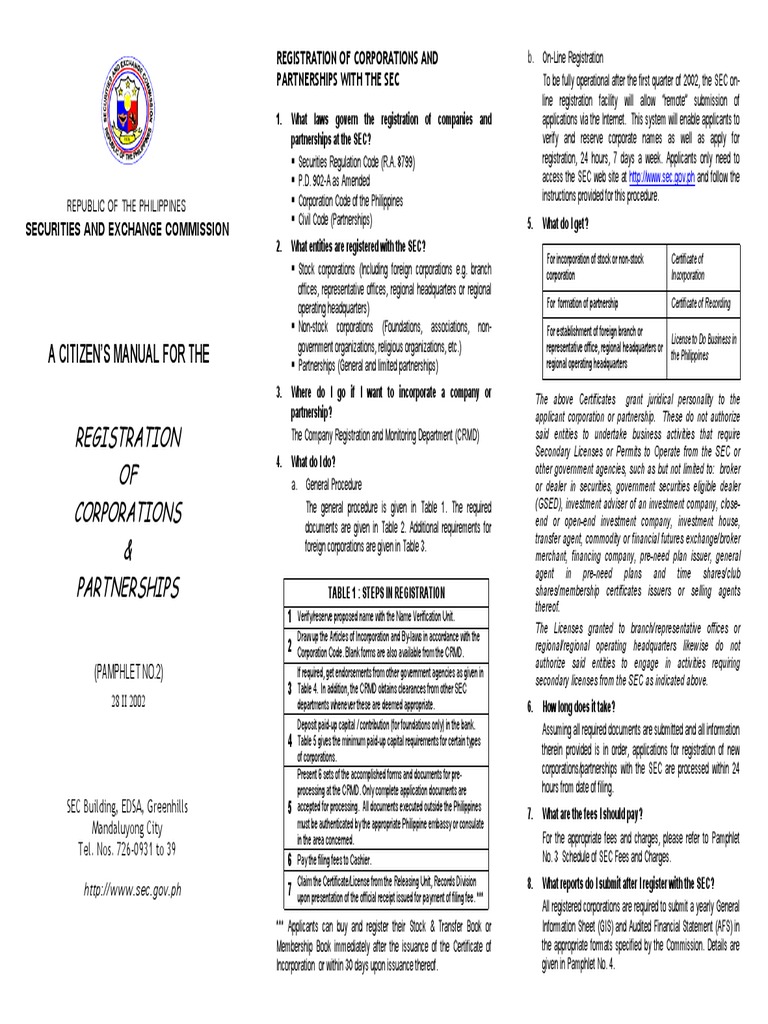 Registration of Corporations and Partnerships | PDF | Securities ...