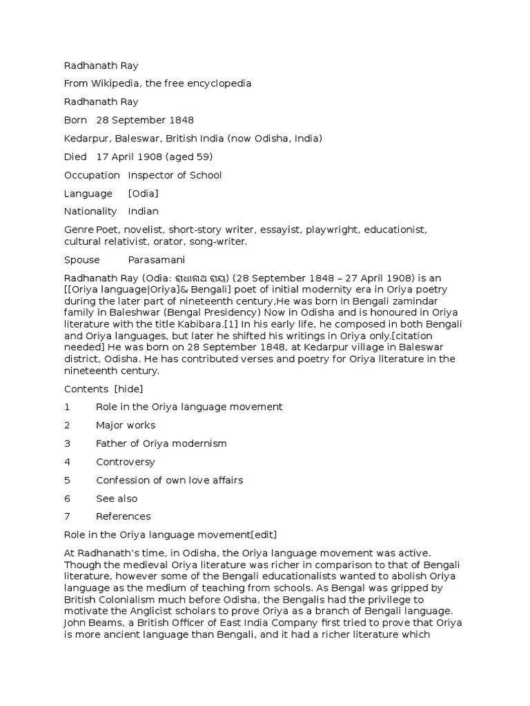 Radhanath Ray, Father of Modern Oriya Poetry | PDF | Poetry | Languages