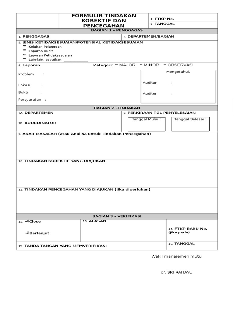 Dp-mr-11 Formulir Tindakan Korektif Dan Pencegahan | PDF