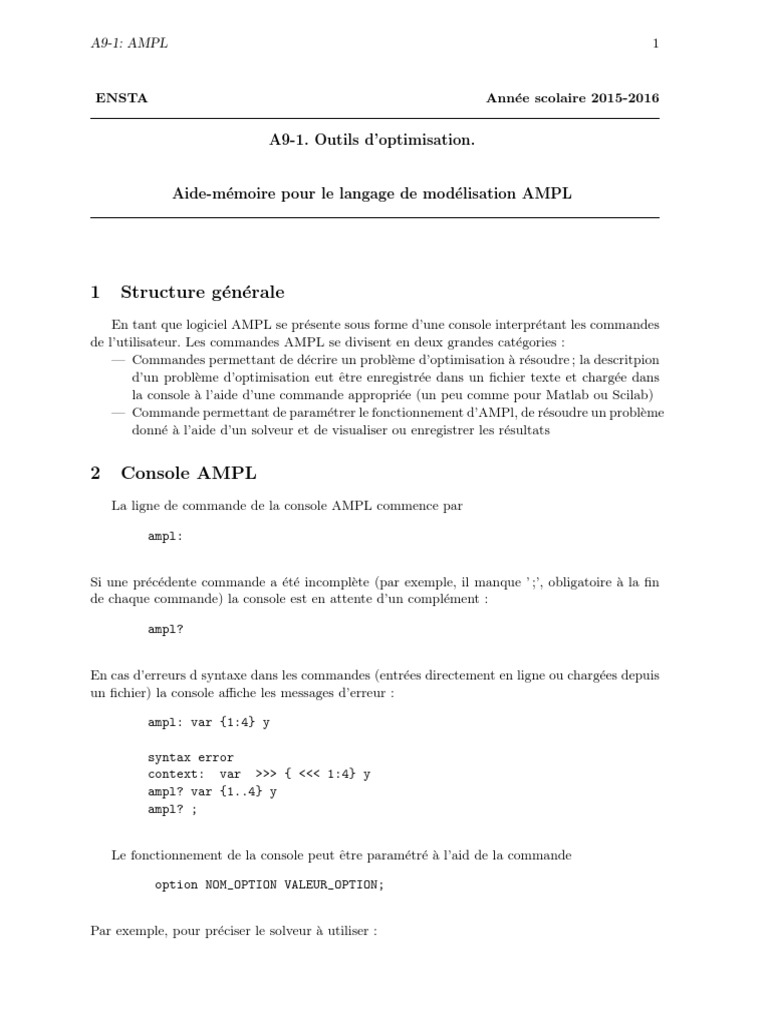 Ampl Memo | PDF | Optimisation mathématique | Interface en ligne de ...