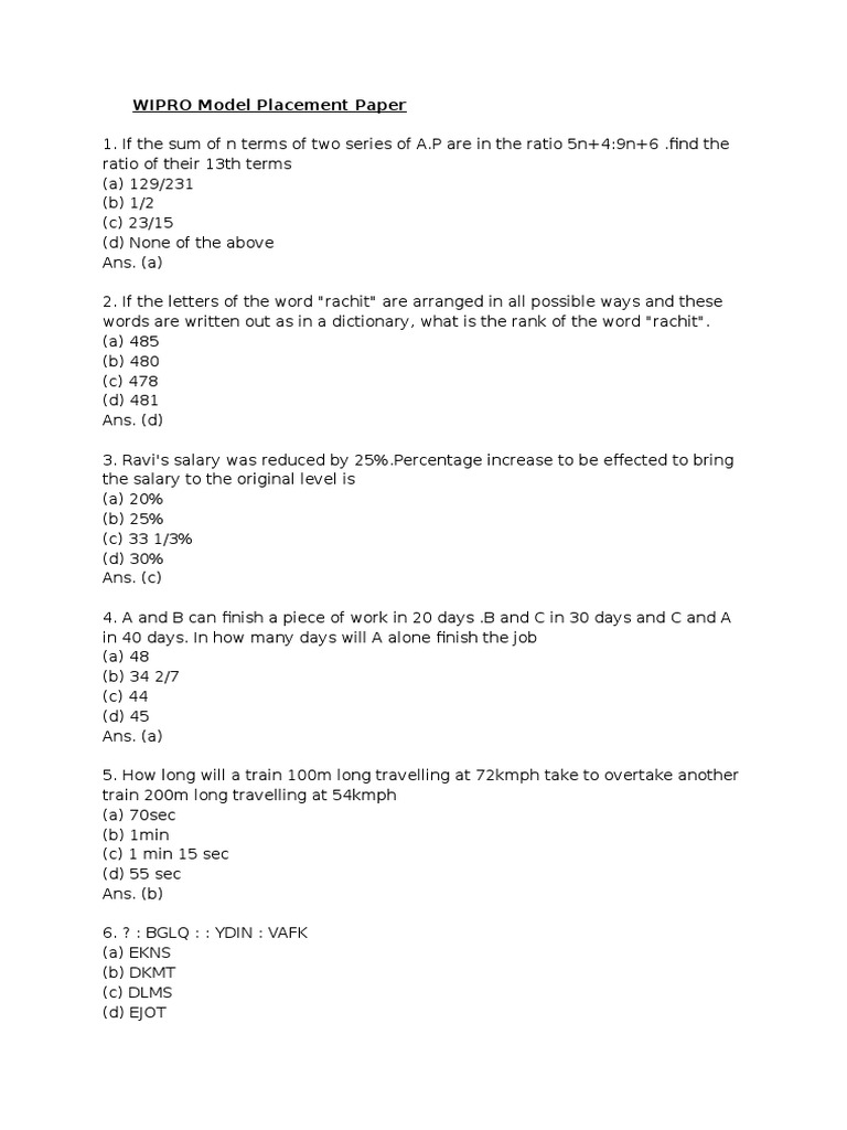 2-Wipro Previous Year Question Paper | PDF | Teaching Mathematics | Business