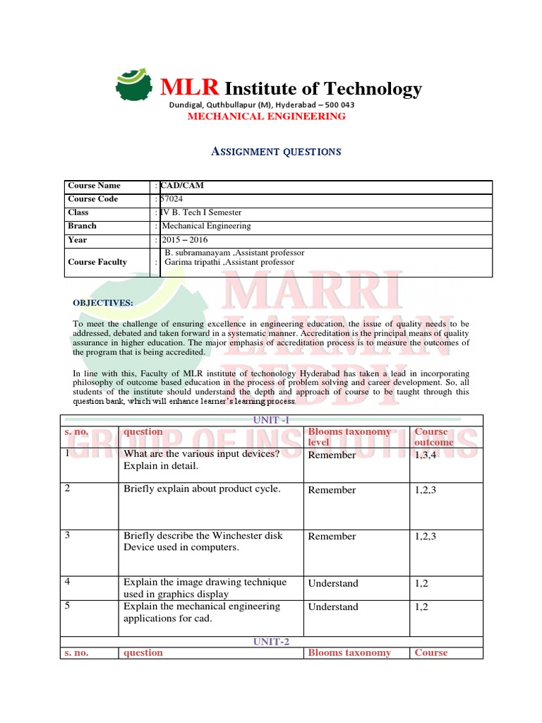 Cad Cam Assignment Questions | Computer Aided Design | Mechanical ...