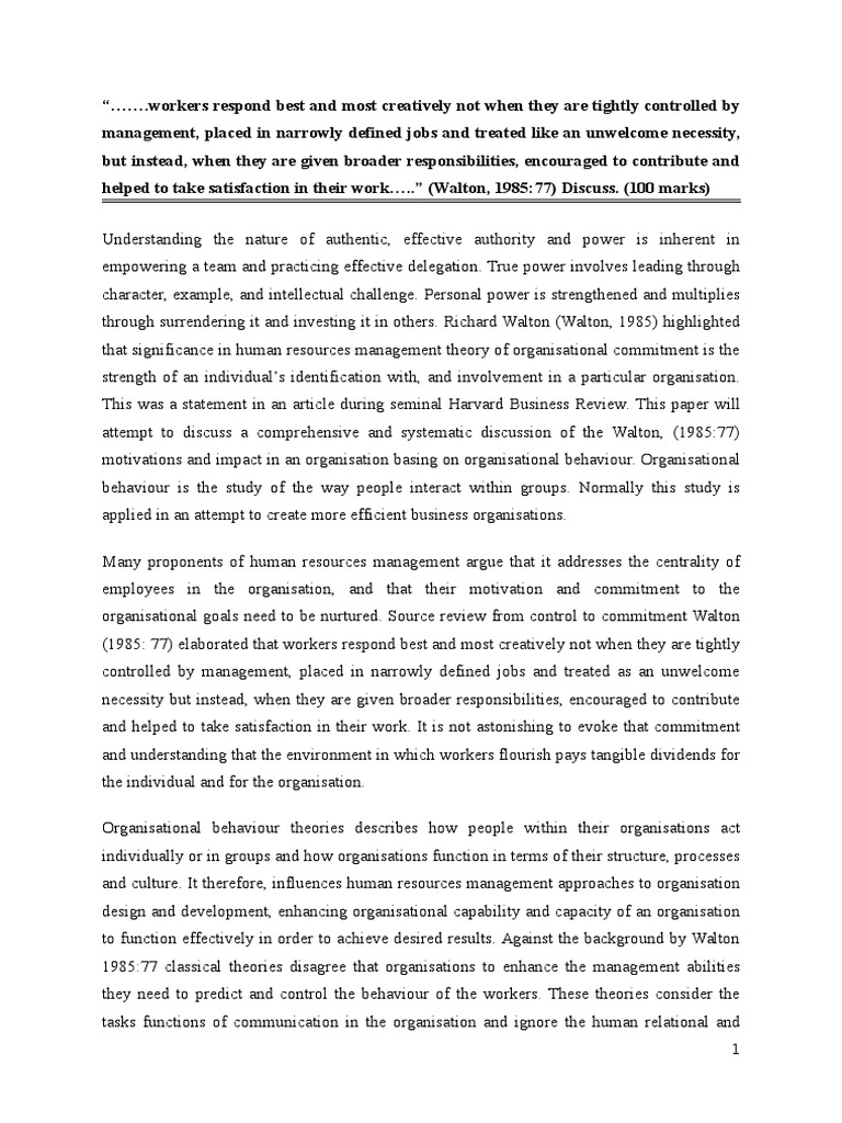 Organisational Behaviour Walton Statement | PDF | Motivation | Motivational