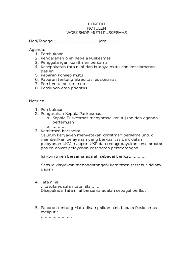 Contoh Notulen Workshop Mutu