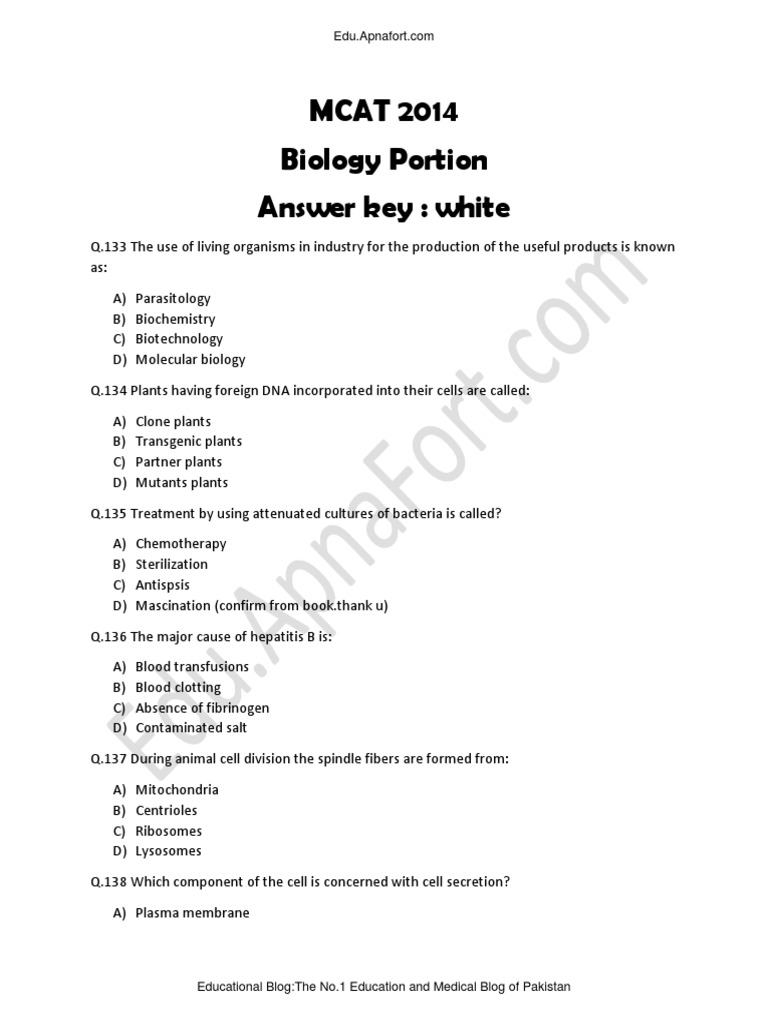 MCAT 2014 Biology Portion Answer Key: White | PDF | Immune System | Anatomy