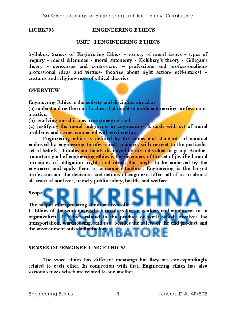 Unit - I Engineering Ethics | PDF | Morality | Autonomy