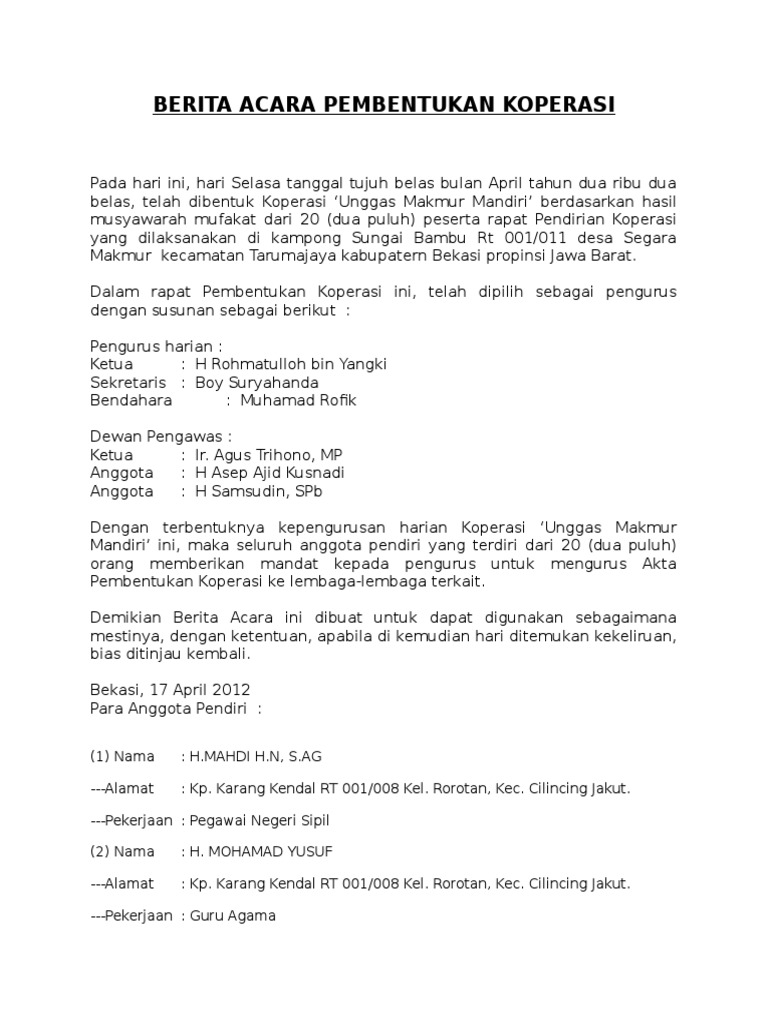 Berita Acara Pembentukan Koperasi | PDF