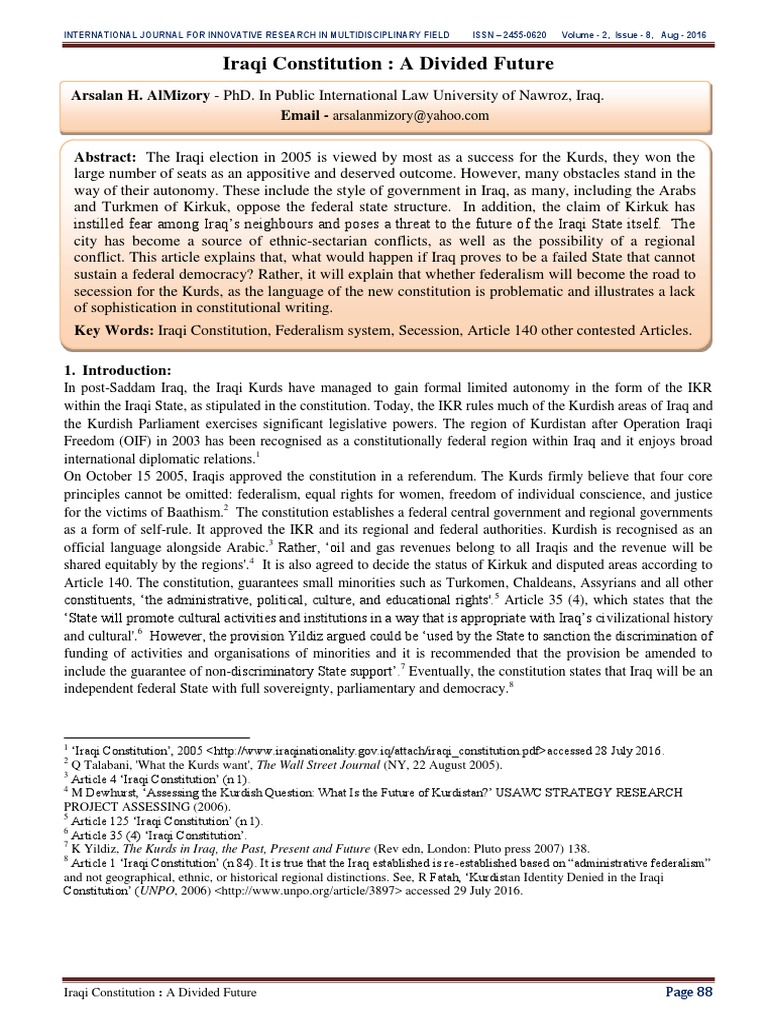 Iraqi Constitution and Kurdish Autonomy | PDF | Iraqi Kurdistan | World ...