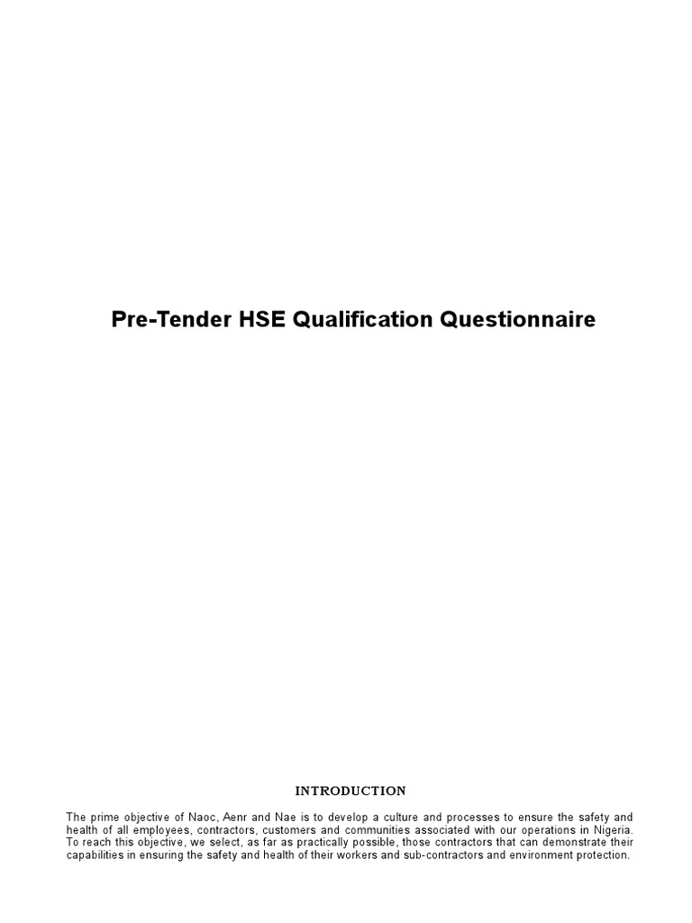 Pre-Tender HSE Qualification Questionnaire and Answers | PDF | Personal ...