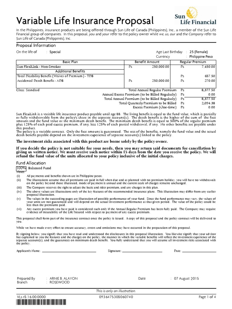 Sun FlexiLink Variable Life Proposal | PDF | Insurance | Life Insurance