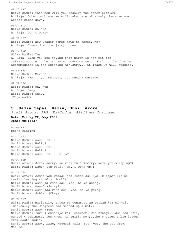 Nira Radia Sunil Arora Transcripts | PDF | Business