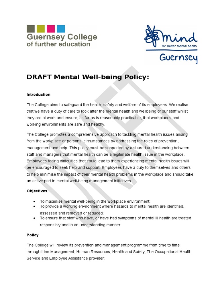 DRAFT Mental Wellbeing Policy 2016 | PDF | Mental Health | Occupational ...