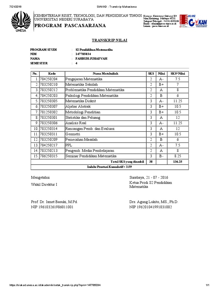 SIAKAD - Transkrip Mahasiswa | PDF