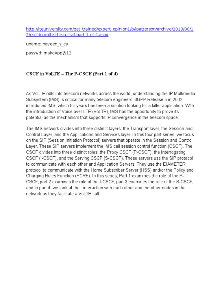 CSCF in Volte - The P-CSCF (Part 1 of 4) : Uname: Naveen - S - Cs ...