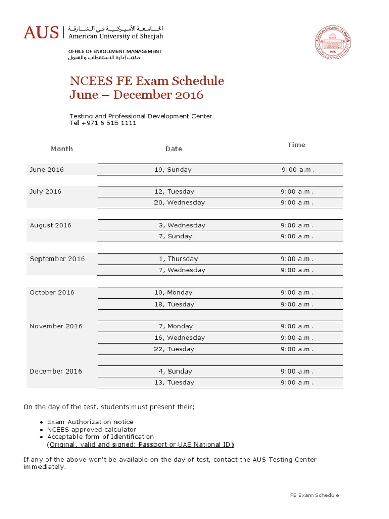NCEES FE Exam Schedule For June - December 2016 | PDF | Career & Growth