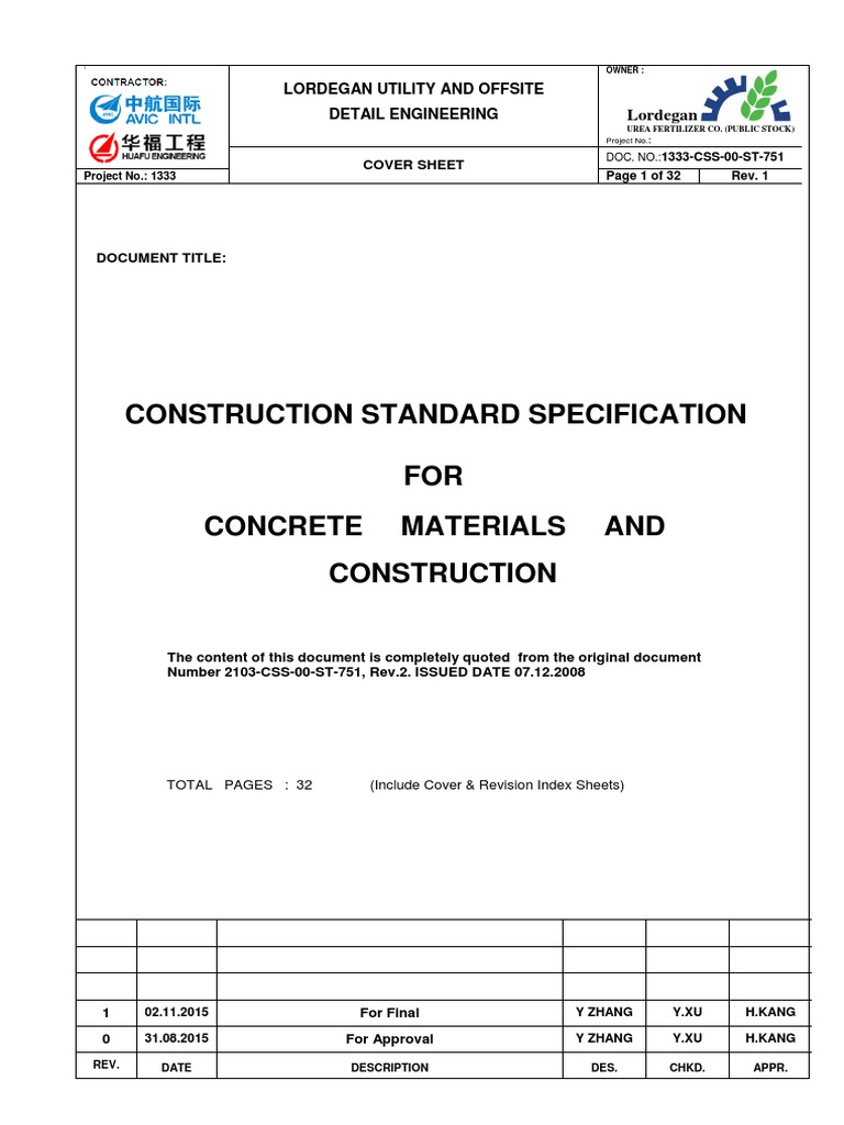 Construction Standard Specification FOR Concrete Materials AND ...