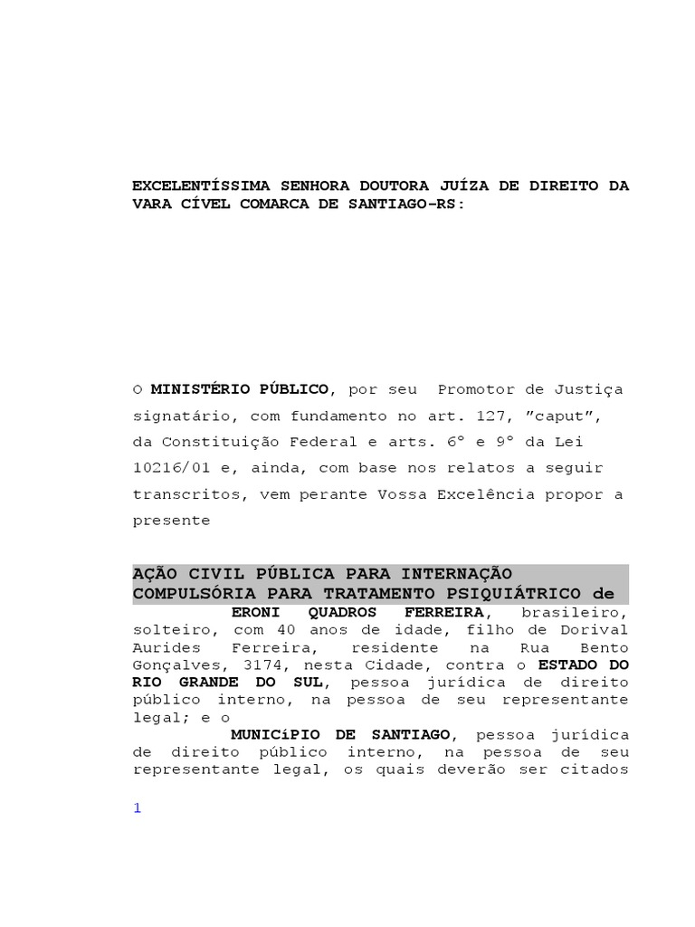 Modelo Internação Compulsória Mprs | PDF | Psiquiatria | Estado