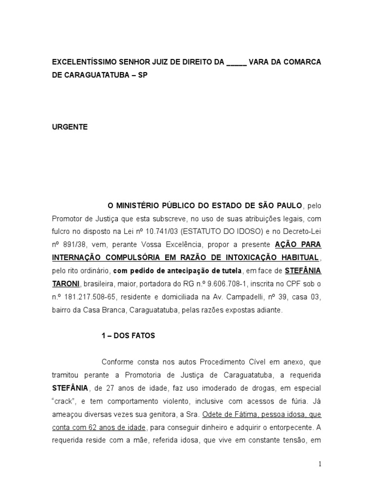 Modelo de Acao de Internacao Compulsoria | PDF | Doutrina de políticas ...
