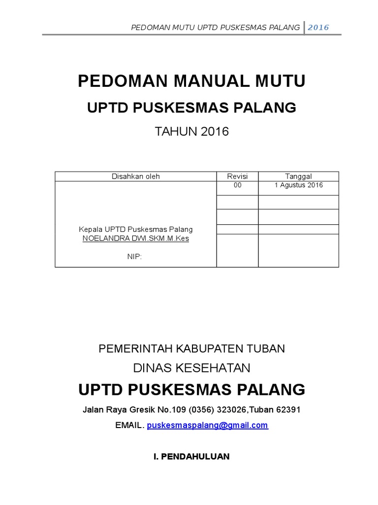 Pedoman Mutu Puskesmas Palang | PDF