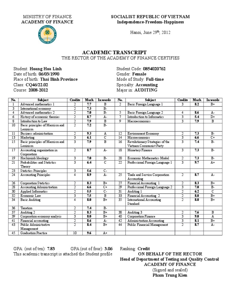 Academic Transcript: Hoang Hoa Linh | PDF
