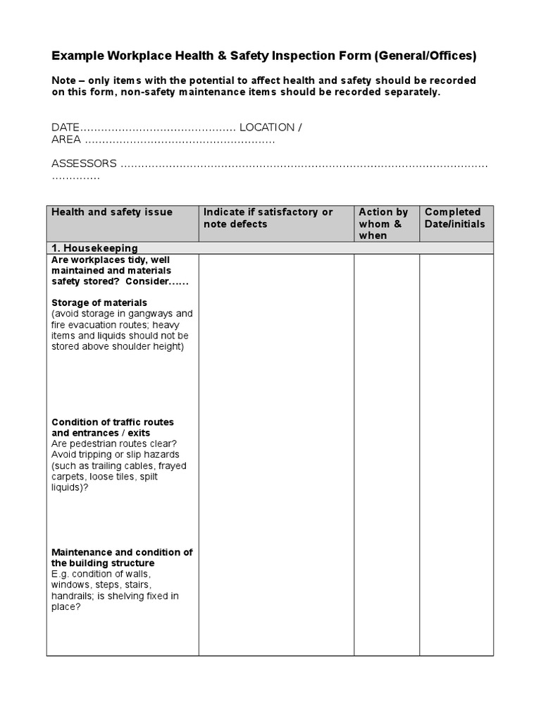 Example Workplace Health Safety Inspection Form | PDF | Occupational ...