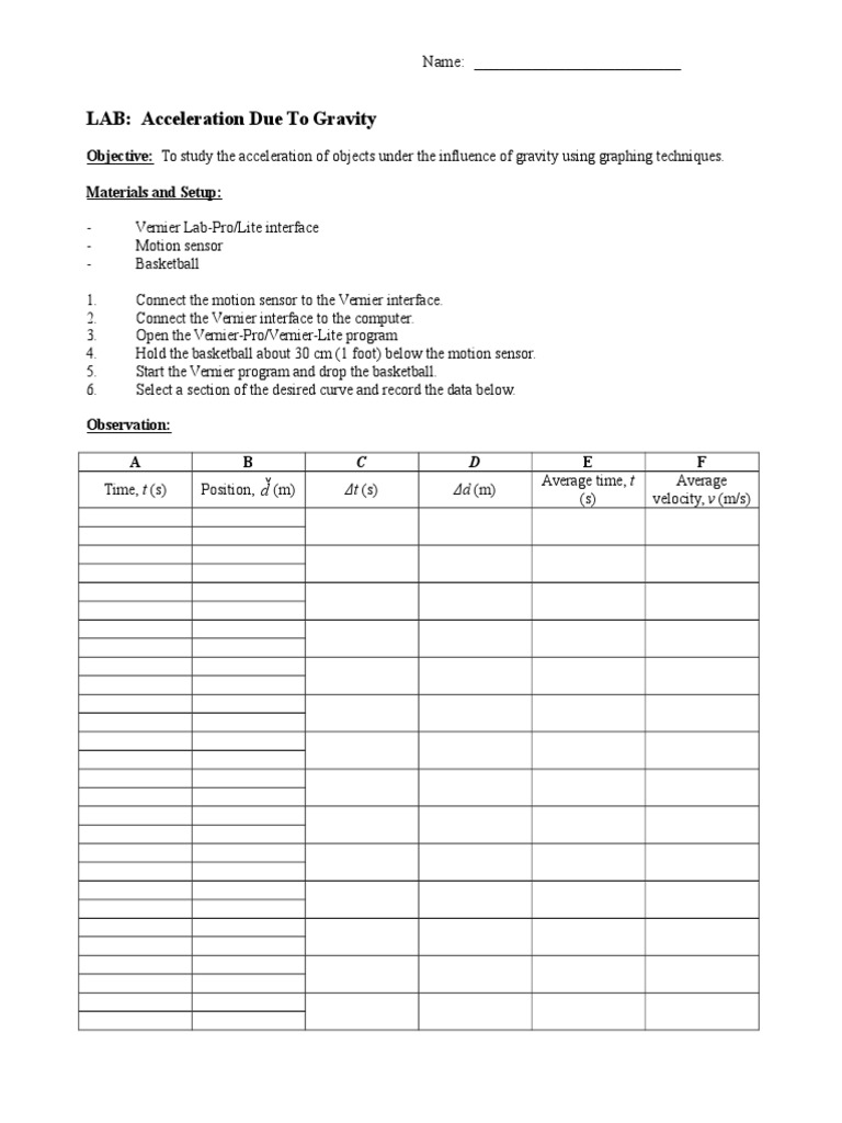 LAB: Acceleration Due To Gravity: Name | PDF | Teaching Methods & Materials