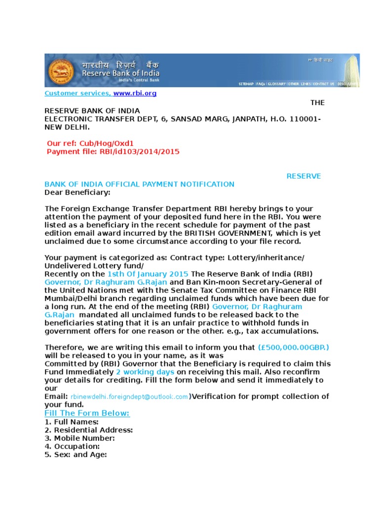 Our Ref: Cub/Hog/Oxd1 Payment File: RBI/id103/2014/2015: Customer ...