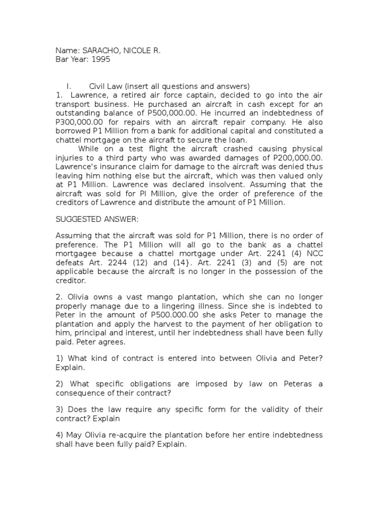 1995 Bar Exam Questions | PDF | Bankruptcy | Debtor