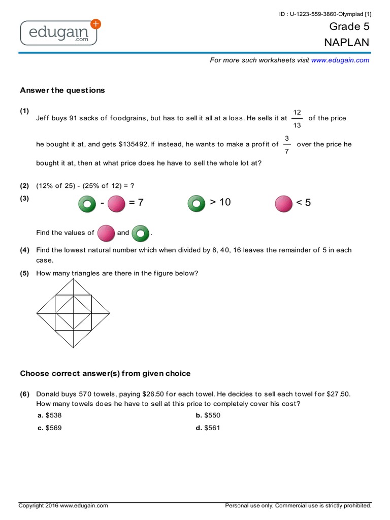 Naplan Year 5 Maths Sample Practice Paper | PDF | Numbers | Teaching ...