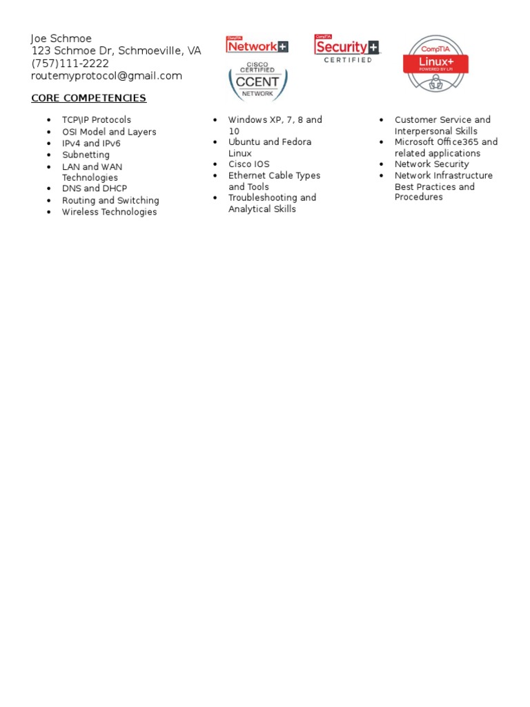 Joe Schmoe 123 Schmoe DR, Schmoeville, VA (757) 111-2222: Core ...