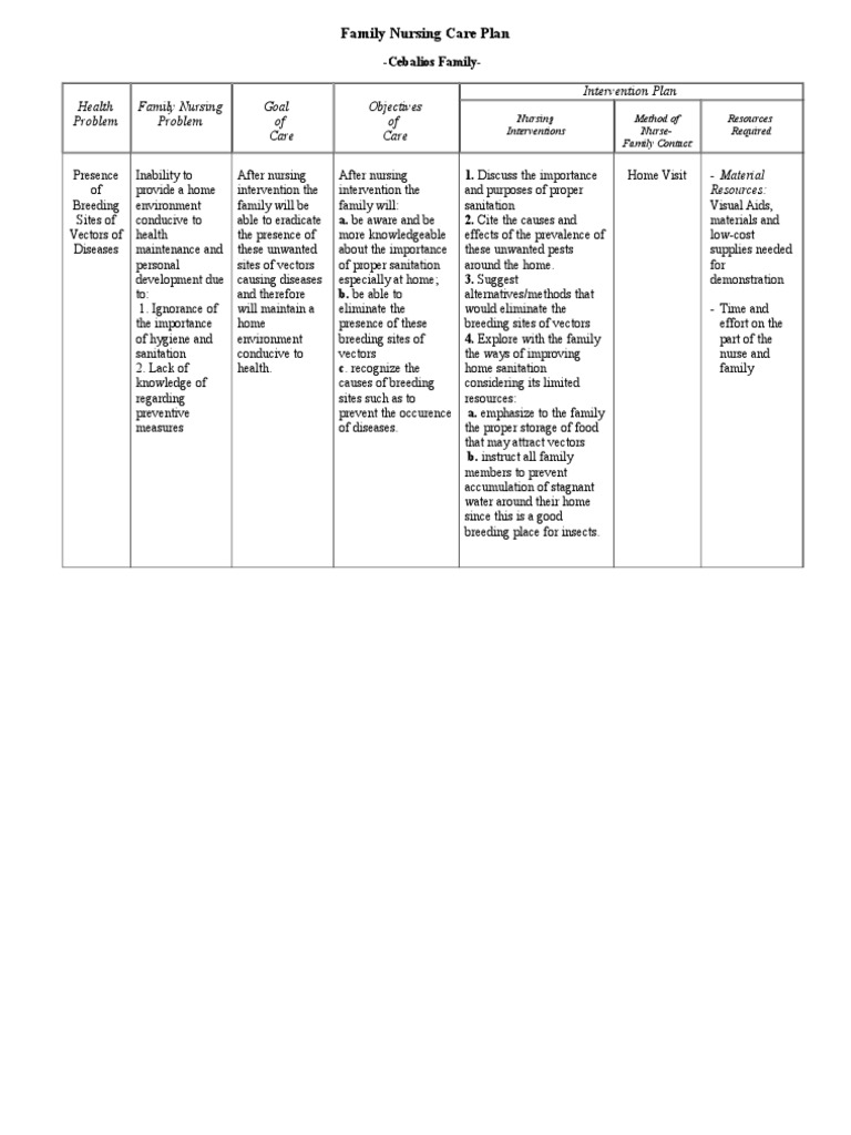 Health Problem Family Nursing Problem Goal of Care Objectives of Care ...