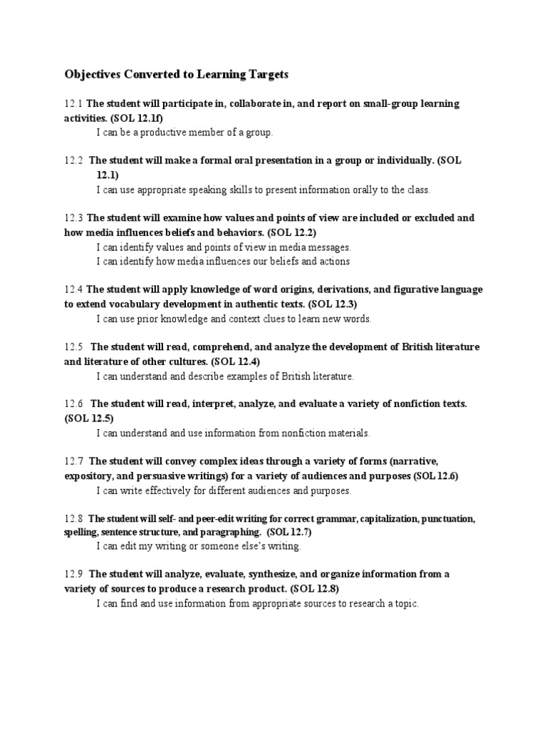 Objectives Converted To Learning Targets | PDF