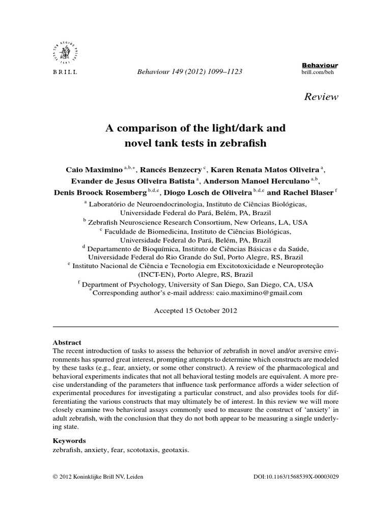 A Comparison of The Light-Dark and Novel Tank Tests in Zebrafish ...