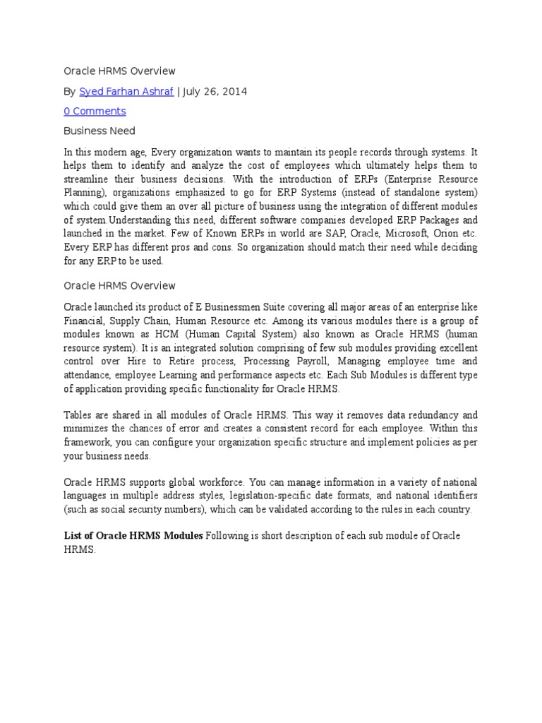 Oracle HRMS Overview | PDF | Enterprise Resource Planning | Oracle Database