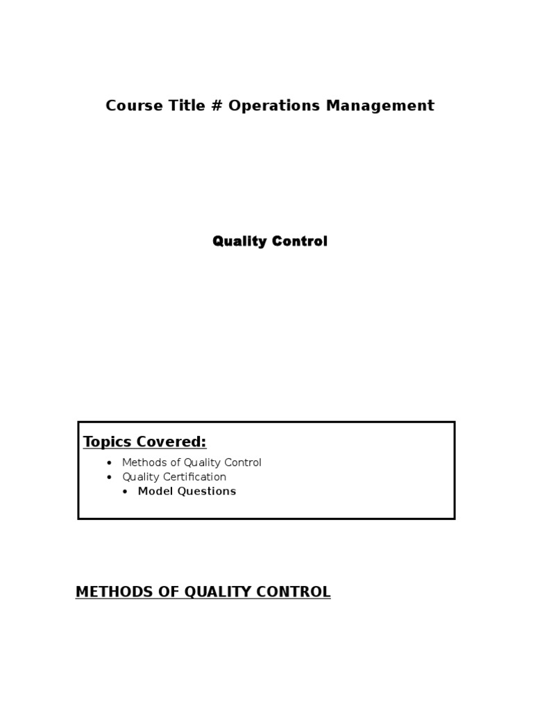 Course Title # Operations Management: Topics Covered | PDF | Iso 9000 ...