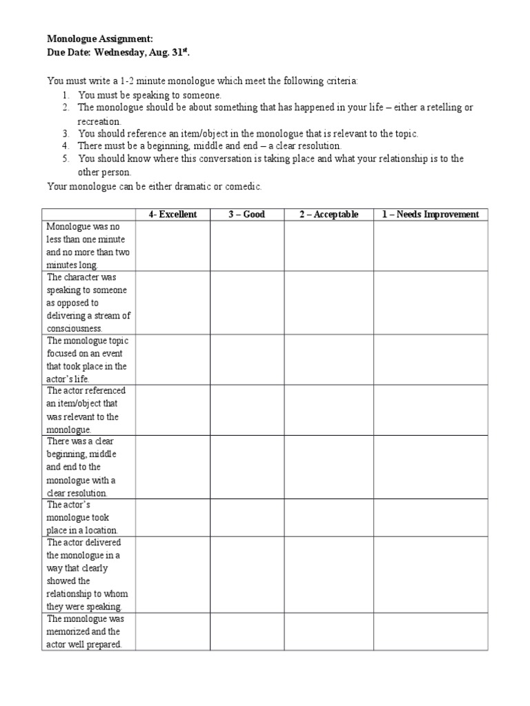 Monologue Assignment: Due Date: Wednesday, Aug. 31 .: 4-Excellent 3 ...