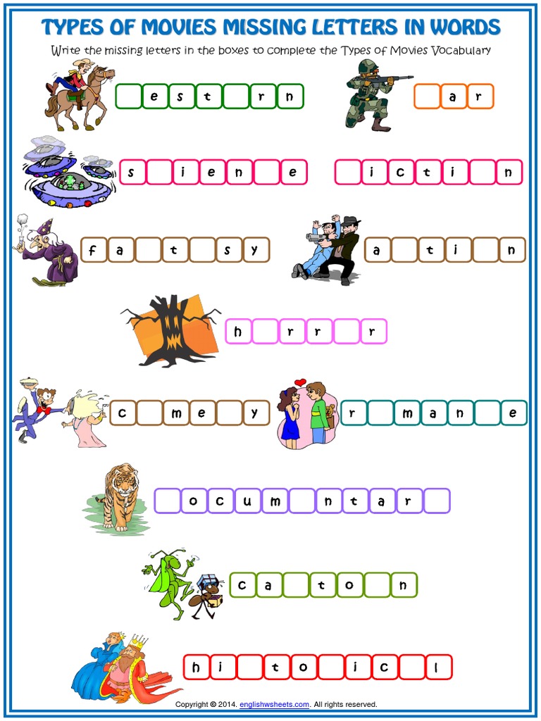 Types of Films Movies Vocabulary Missing Letters in Words Esl Worksheet ...