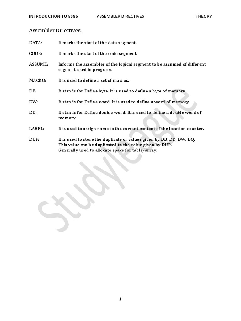 Assembler Directives Of 8086 Assembly Language Data 