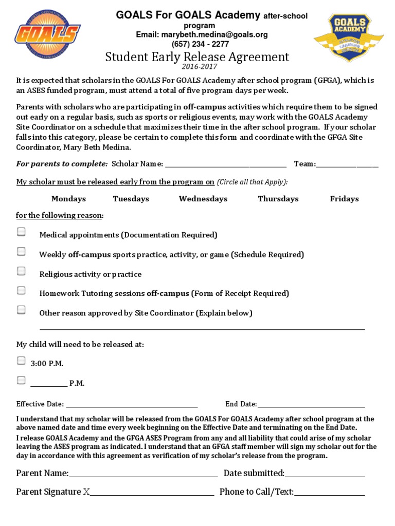Student Early Release Agreement | PDF | Nature