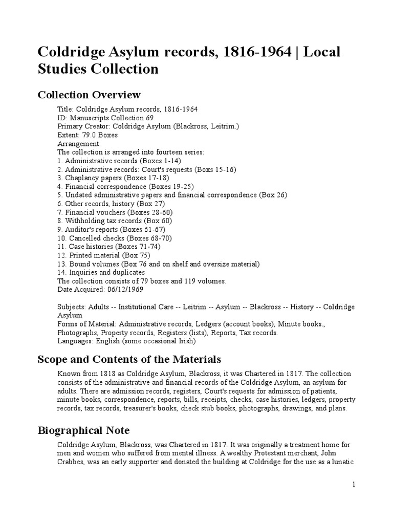 Coldridge Asylum Papers | PDF | Psychiatric Hospital | Republic Of Ireland