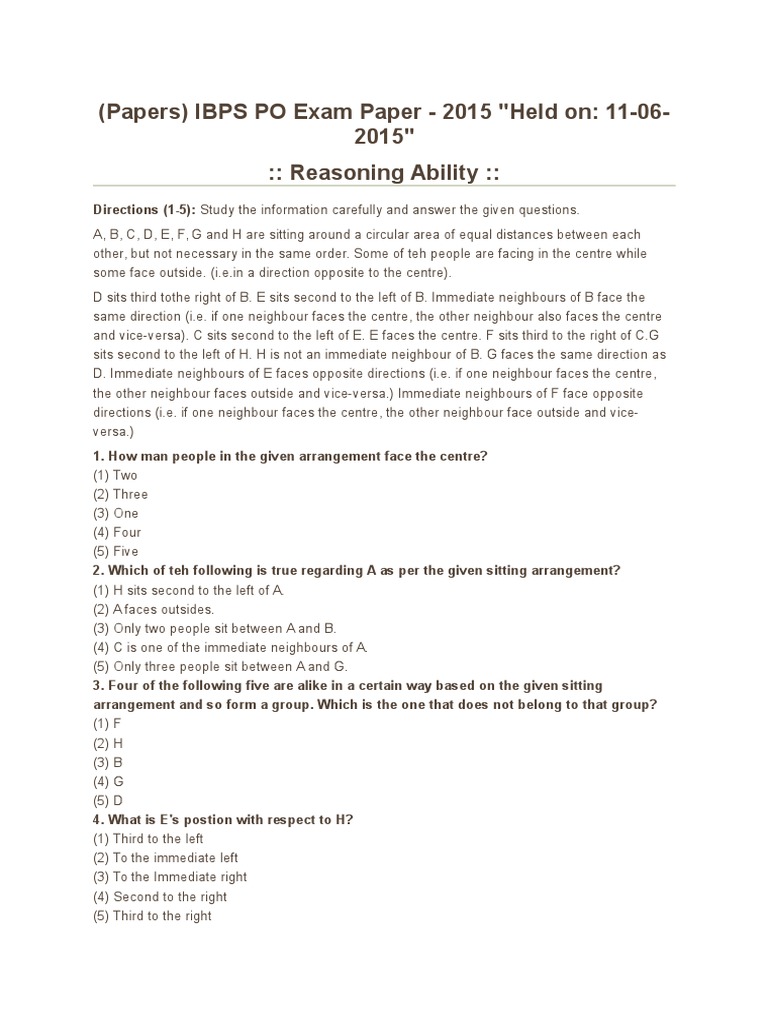 (Papers) IBPS PO Exam Paper - 2015 "Held On: 11-06-2015":: Reasoning ...