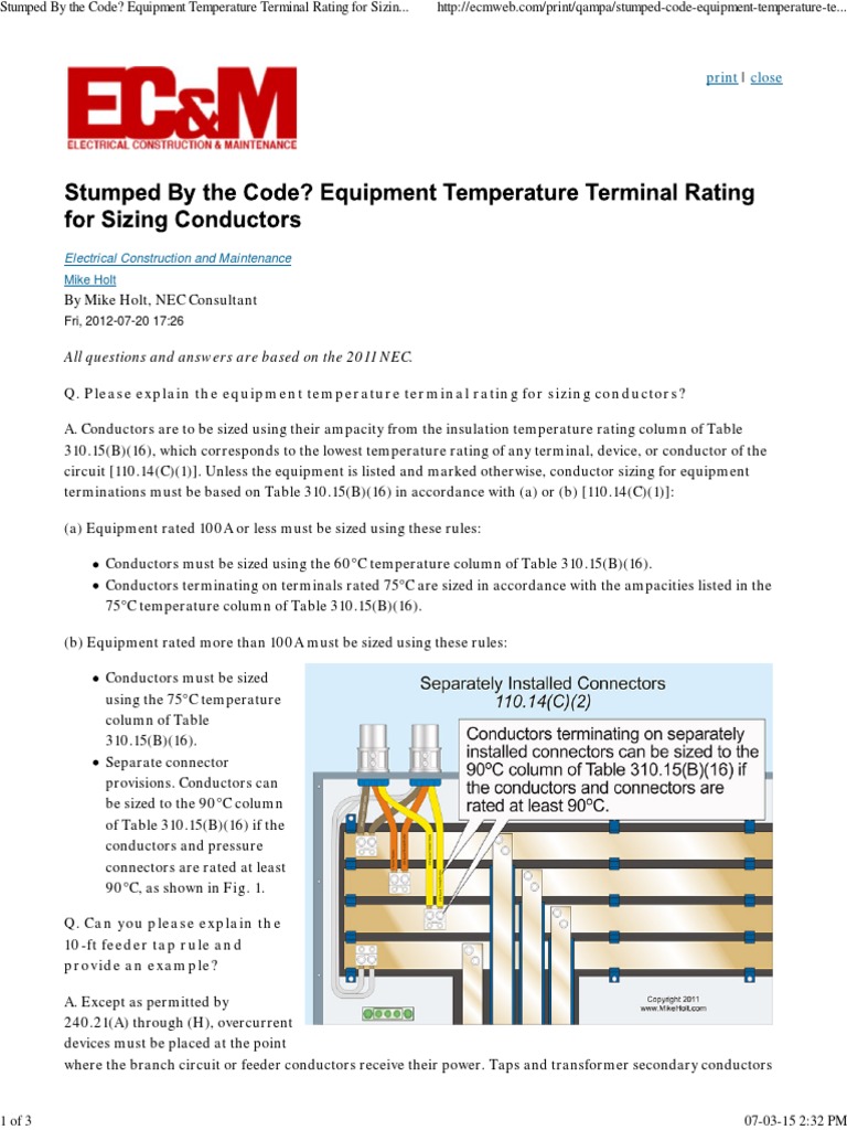 Equipment Temperature Terminal Rating For Sizing Conductors | PDF ...